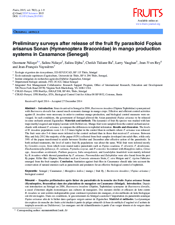(PDF) Preliminary surveys after release of the fruit fly parasitoid ...