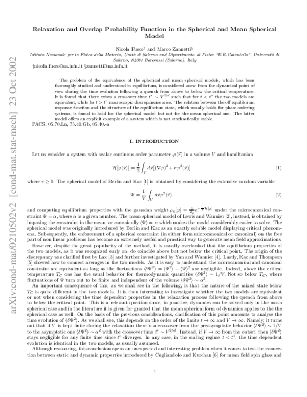 (PDF) Relaxation and overlap-probability function in the spherical and ...