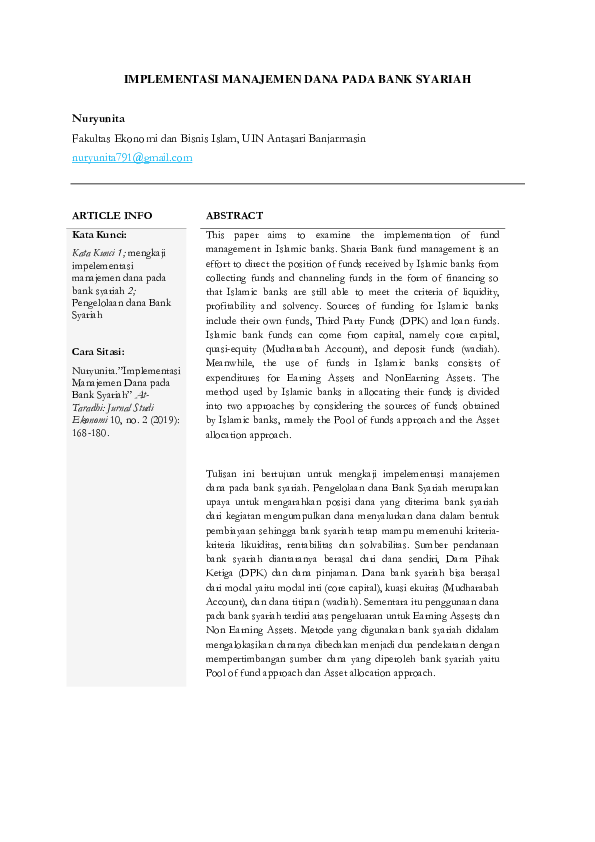 (PDF) IMPLEMENTASI MANAJEMEN DANA PADA BANK SYARIAH