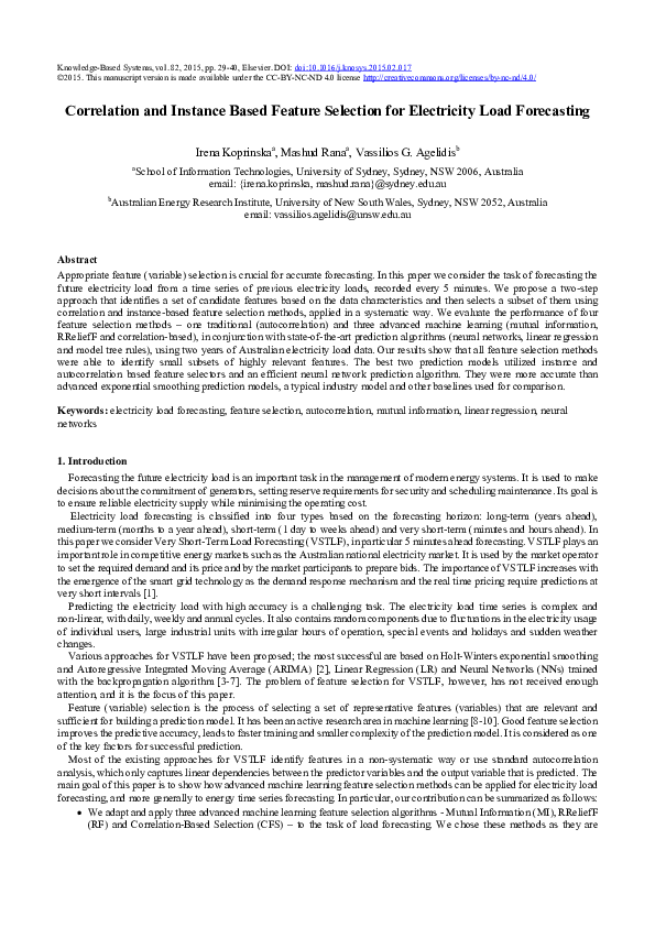 (PDF) Correlation and instance based feature selection for electricity load forecasting