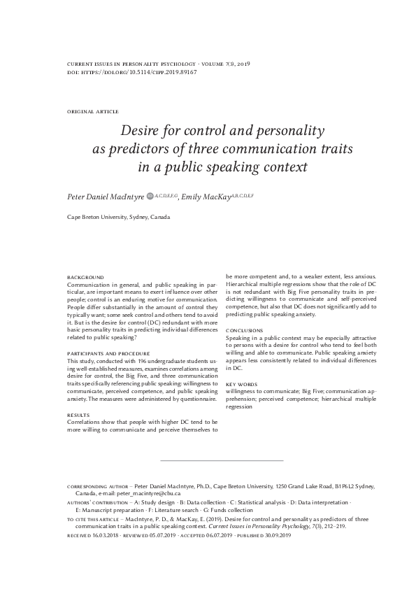 (PDF) Desire for control and personality as predictors of three ...