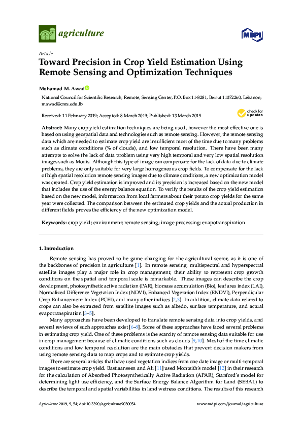 (PDF) Optimized Crop Yield Estimation via Remote Sensing