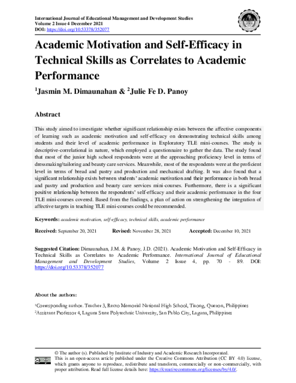 (PDF) Academic Motivation and Self-Efficacy in Technical Skills as ...