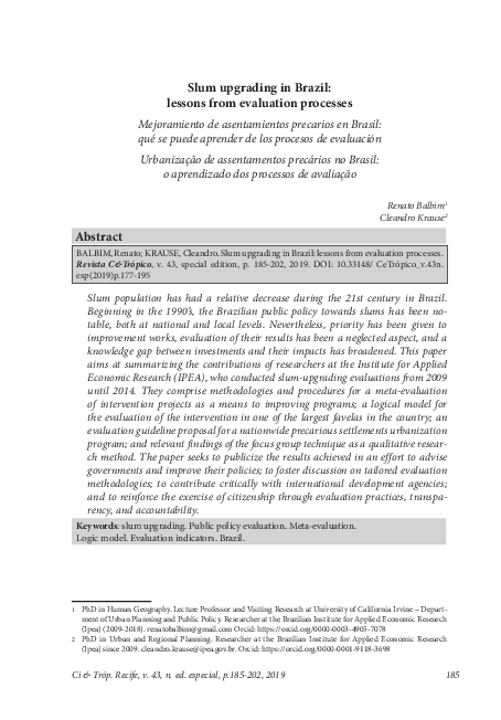 (PDF) Slum upgrading in Brazil: lessons from evaluation processes