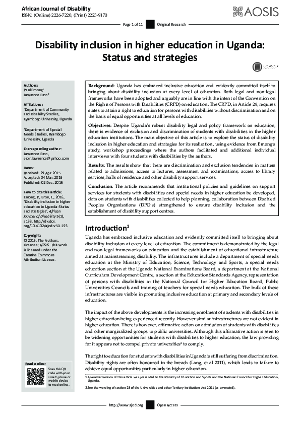 (PDF) Disability inclusion in higher education in Uganda: Status and ...