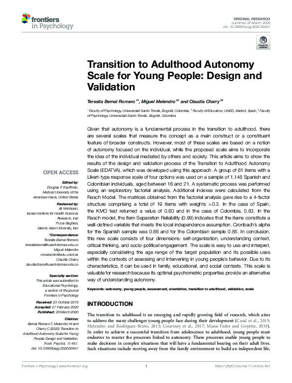 (PDF) Transition to Adulthood Autonomy Scale for Young People: Design ...
