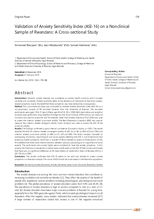 (PDF) Validation of Anxiety Sensitivity Index (ASI-16) on a Nonclinical Sample of Rwandans: A ...