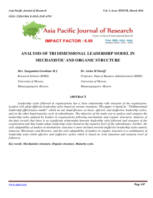 (PDF) Analysis of tri dimensional leadership model in mechanistic and ...