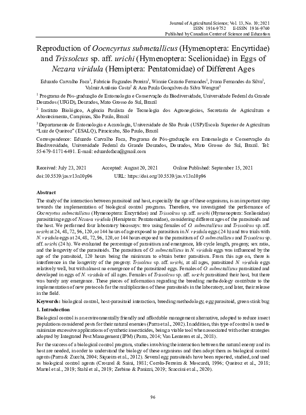 (PDF) Reproduction of Ooencyrtus submetallicus (Hymenoptera: Encyrtidae ...