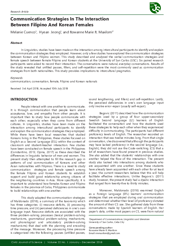 (PDF) Communication Strategies In The Interaction Between Filipino And ...