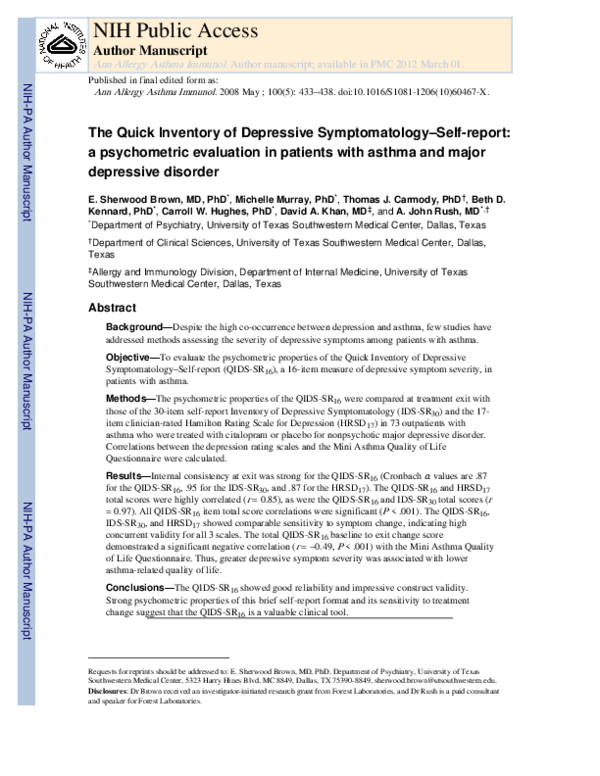 (PDF) The Quick Inventory of Depressive Symptomatology-Self-report: a ...