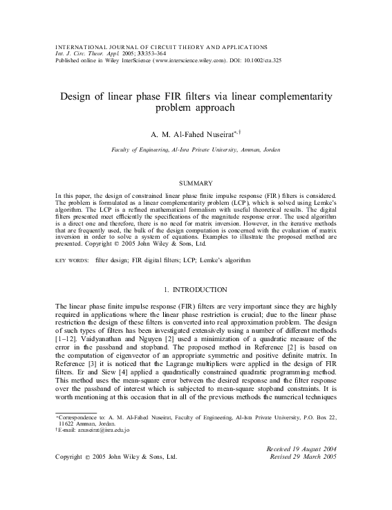 (PDF) Design of linear phase FIR filters via linear complementarity problem approach