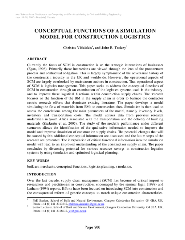 (PDF) Conceptual Functions Of A Simulation Model For Construction Logistics