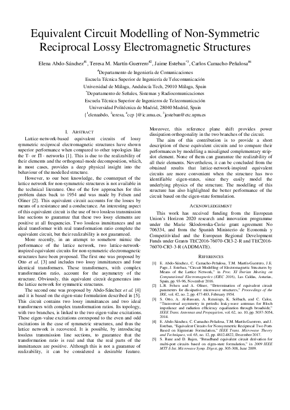 (PDF) Equivalent Circuit Modelling of Non-Symmetric Reciprocal Lossy Electromagnetic Structures