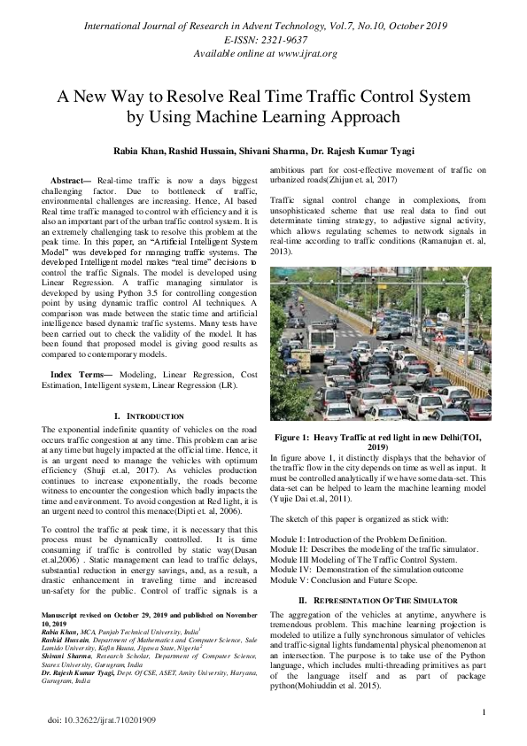 Pdf A New Way To Resolve Real Time Traffic Control System By Using Machine Learning Approach