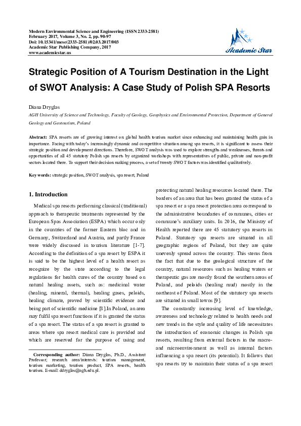 (PDF) Strategic Position of A Tourism Destination in the Light of SWOT ...