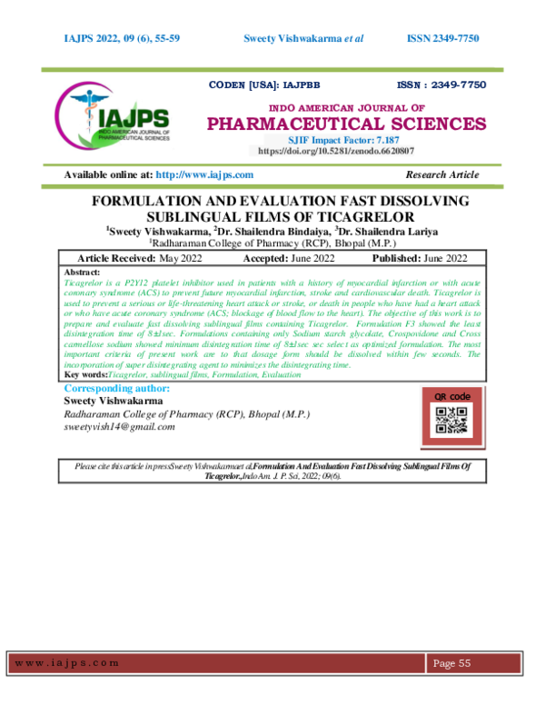 Pdf Formulation And Evaluation Fast Dissolving Sublingual Films Of Ticagrelor