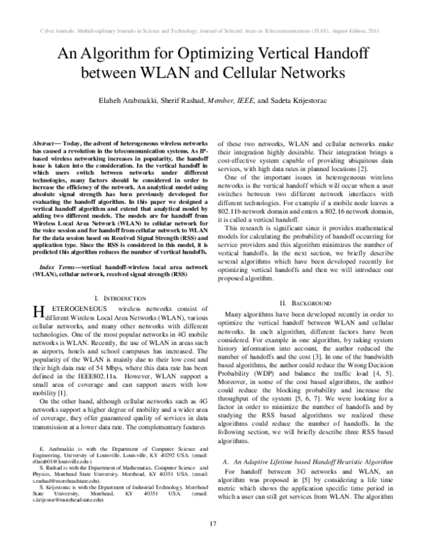 Pdf An Algorithm For Optimizing Vertical Handoff Between Wlan And Cellular Networks