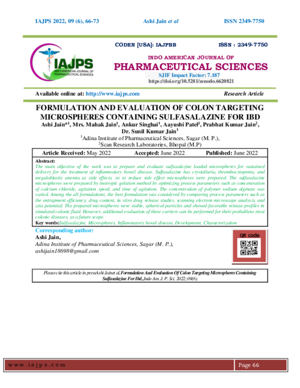 Pdf Formulation And Evaluation Of Colon Targeting Microspheres Containing Sulfasalazine For Ibd