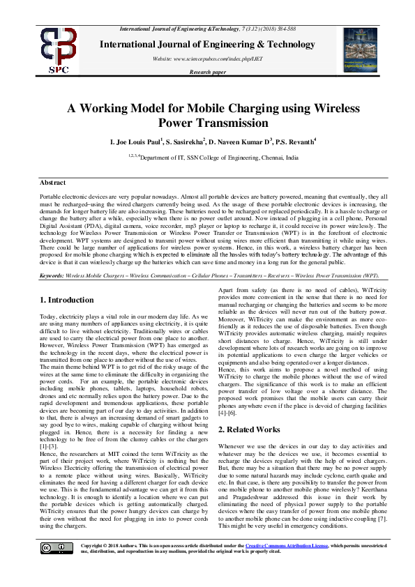 (PDF) A Working Model for Mobile Charging using Wireless Power Transmission