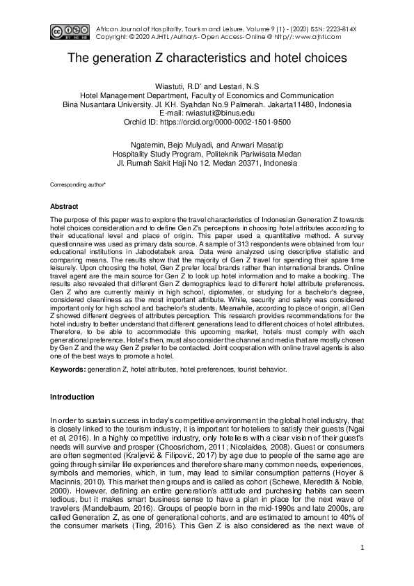 (PDF) The generation Z characteristics and hotel choices