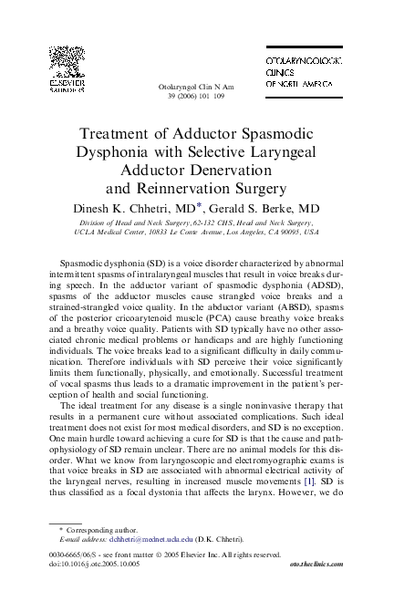 (PDF) Treatment of Adductor Spasmodic Dysphonia with Selective ...