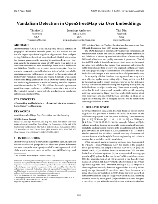 (PDF) Vandalism Detection in OpenStreetMap via User Embeddings | Jennings Anderson - Academia.edu