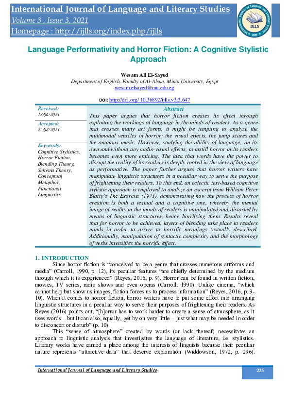 (PDF) Language Performativity and Horror Fiction: A Cognitive Stylistic Approach
