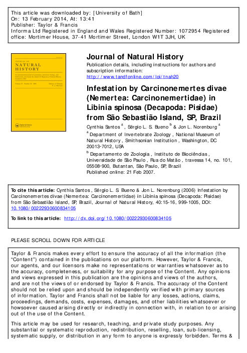 (PDF) Infestation byCarcinonemertes divae(Nemertea: Carcinonemertidae ...
