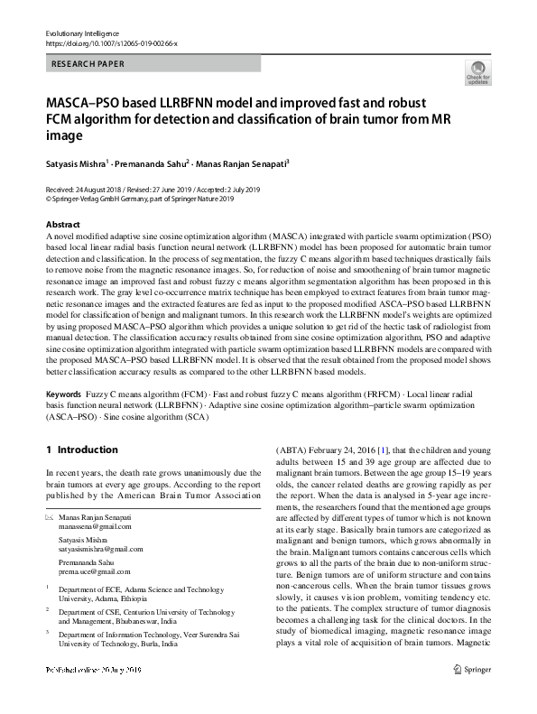 (PDF) MASCA–PSO based LLRBFNN model and improved fast and robust FCM algorithm for detection and ...