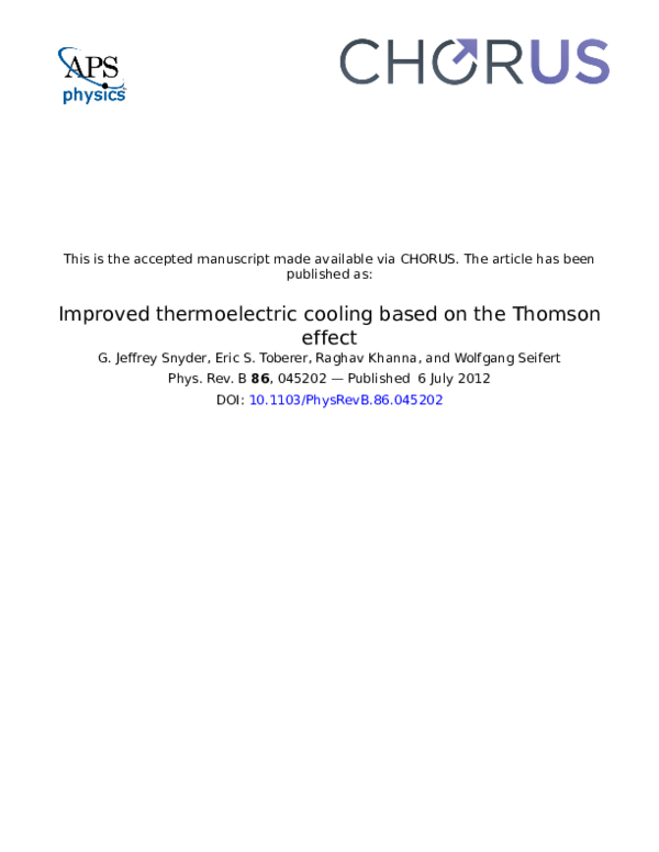 (PDF) Improved thermoelectric cooling based on the Thomson effect