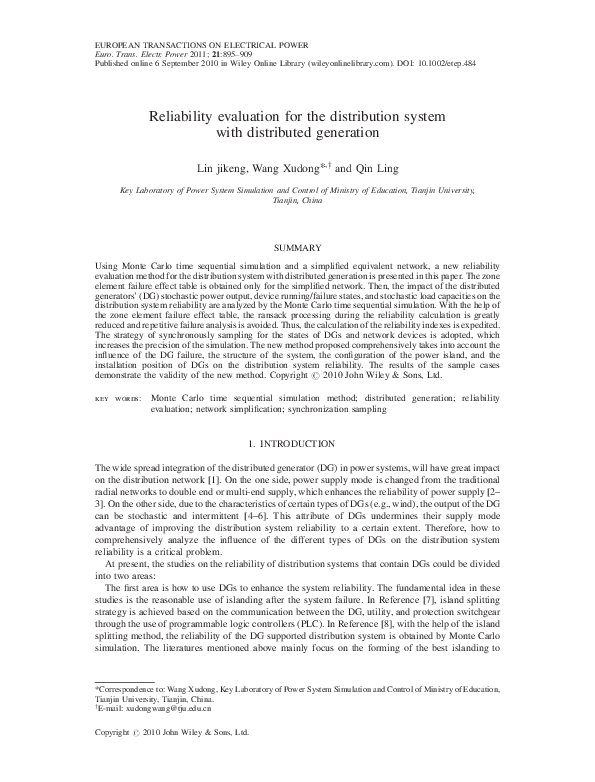 (PDF) Reliability evaluation for the distribution system with distributed generation