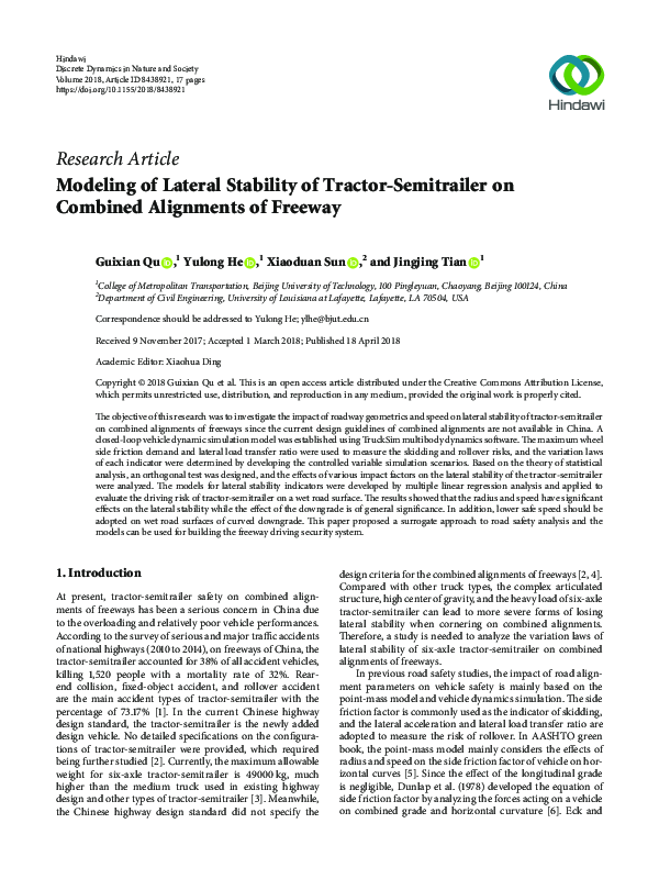 (PDF) Modeling of Lateral Stability of Tractor-Semitrailer on Combined ...