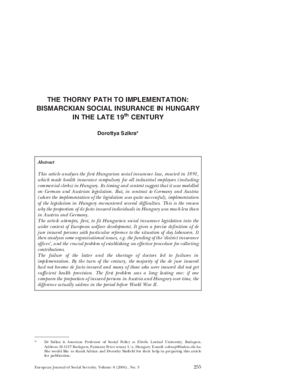 (PDF) The Thorny Path to Implementation: Bismarckian Social Insurance ...