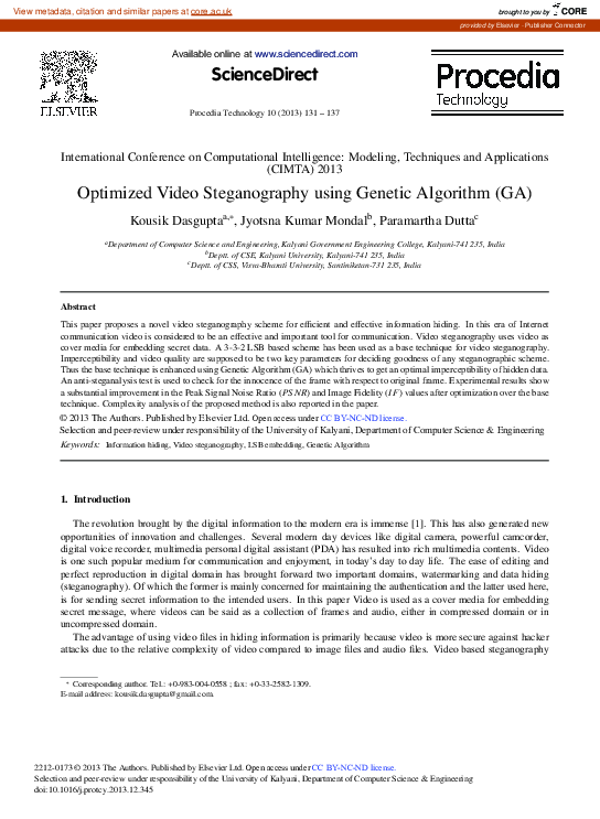 Pdf Optimized Video Steganography Using Genetic Algorithm Ga