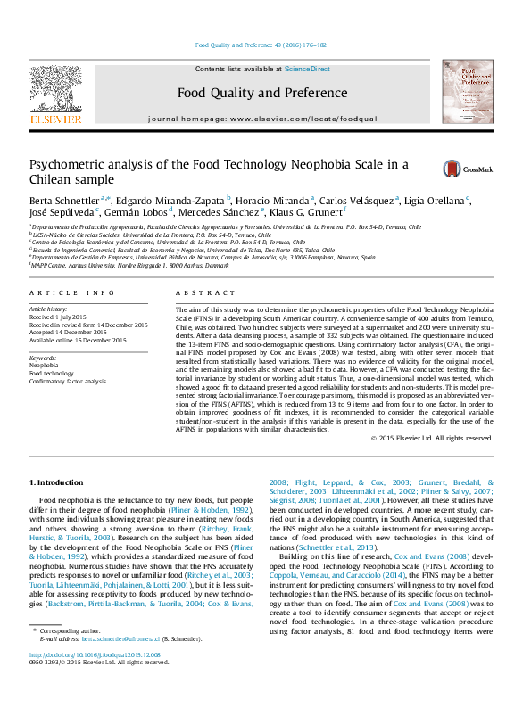 (PDF) Psychometric analysis of the Food Technology Neophobia Scale in a ...