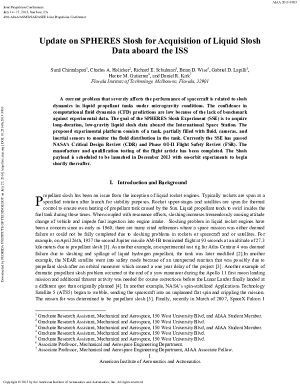 (PDF) Update on SPHERES-Slosh for Acquisition of Liquid Slosh Data ...