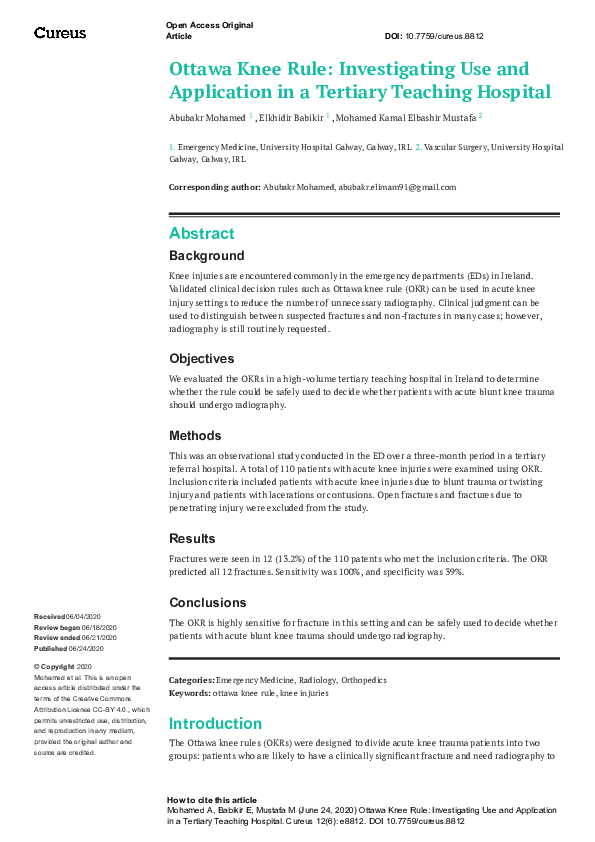 (PDF) Ottawa Knee Rule: Investigating Use and Application in a Tertiary ...
