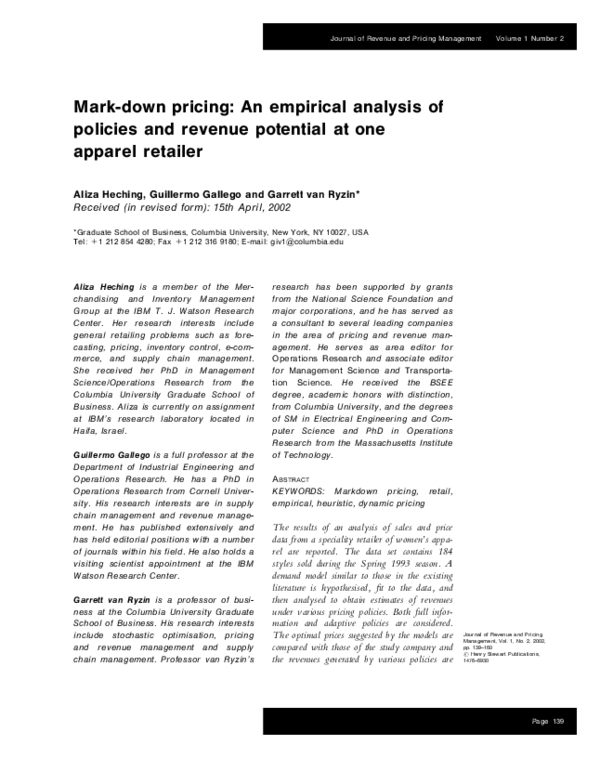 (PDF) Mark-down pricing: An empirical analysis of policies and revenue ...