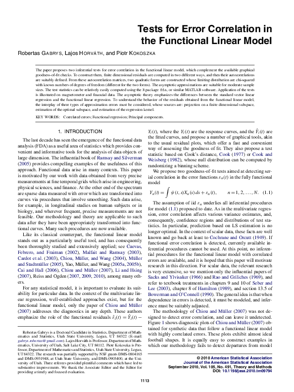 (PDF) Tests for Error Correlation in the Functional Linear Model ...