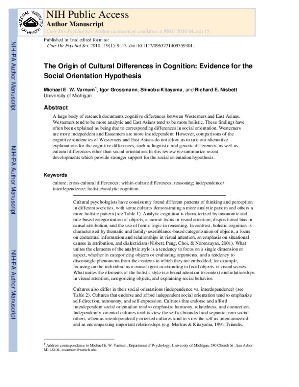 (PDF) The Origin of Cultural Differences in Cognition
