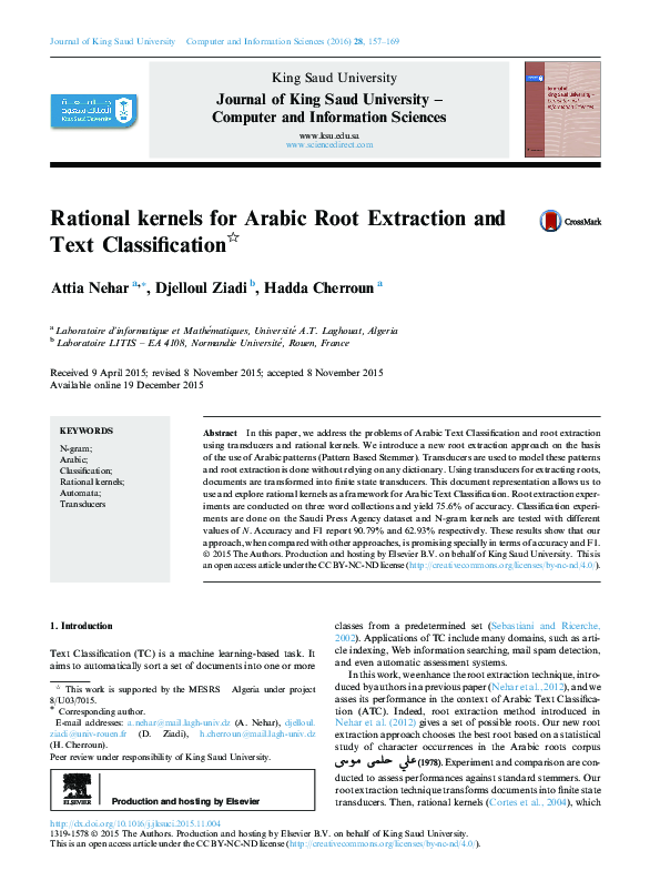 (PDF) Rational Kernels for Arabic Root Extraction and Text Classification