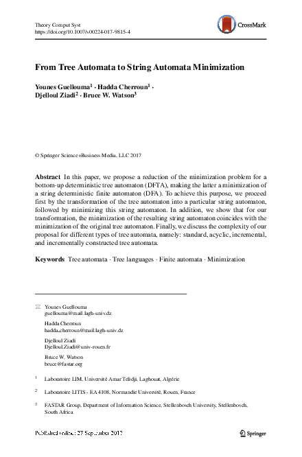 (PDF) From Tree Automata to String Automata Minimization