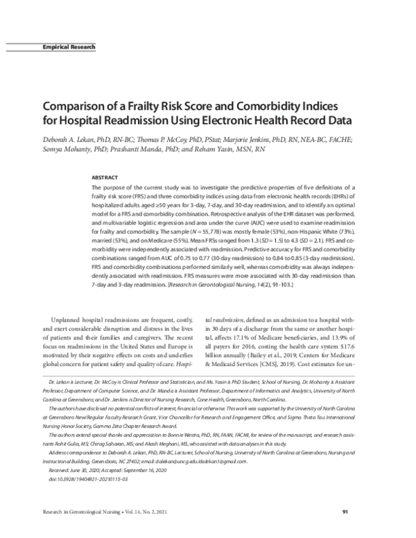 (PDF) Comparison of a Frailty Risk Score and Comorbidity Indices for ...
