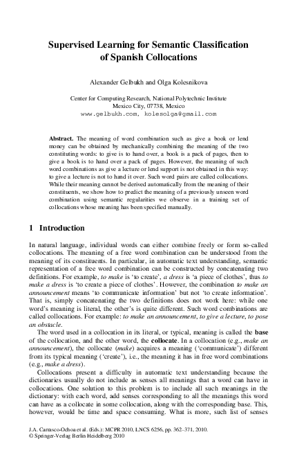 Pdf Supervised Learning For Semantic Classification Of Spanish Collocations