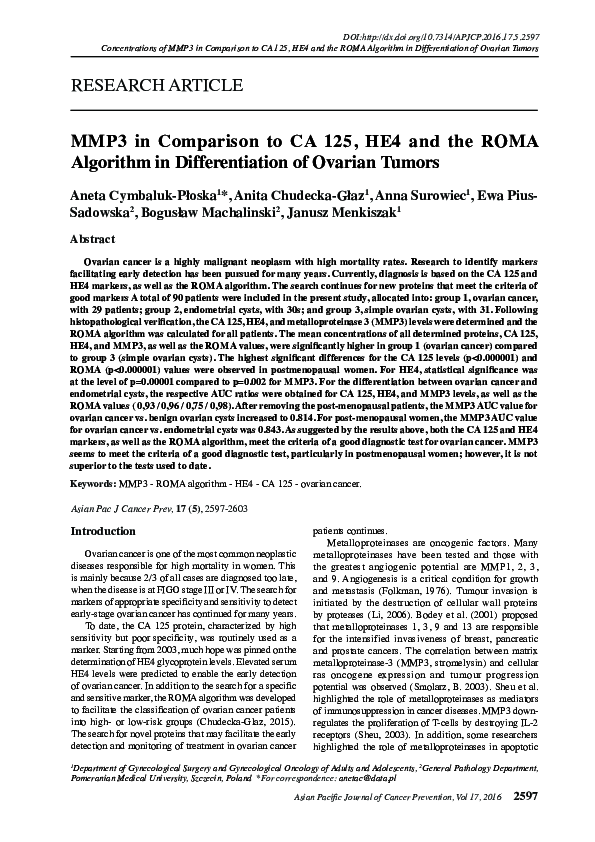 (PDF) MMP3 in Comparison to CA 125, HE4 and the ROMA Algorithm in ...