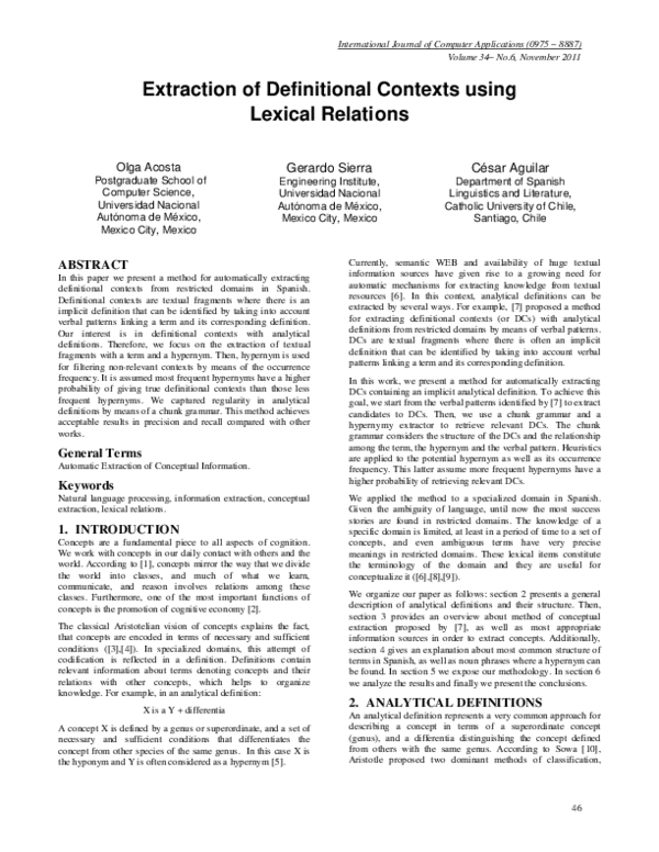 (PDF) Extraction of Definitional Contexts using Lexical Relations | Gerardo Sierra - Academia.edu