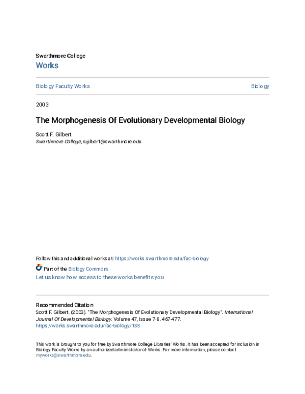 (PDF) The morphogenesis of evolutionary developmental biology