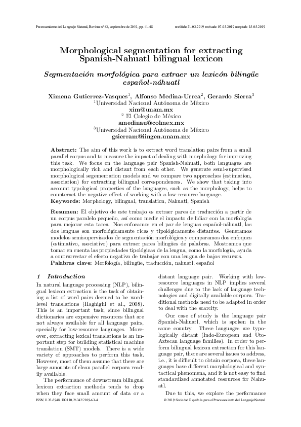 Pdf Morphological Segmentation For Extracting Spanish Nahuatl Bilingual Lexicon Gerardo
