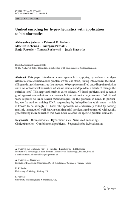 Pdf Unified Encoding For Hyper Heuristics With Application To Bioinformatics Jacek Blazewicz